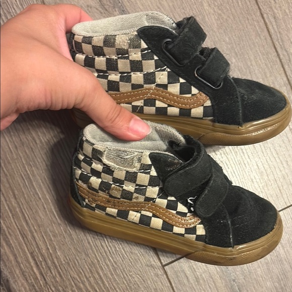 Vans | Shoes | Vans Black And Tan Hightop Sneakers With Checkerboard ...